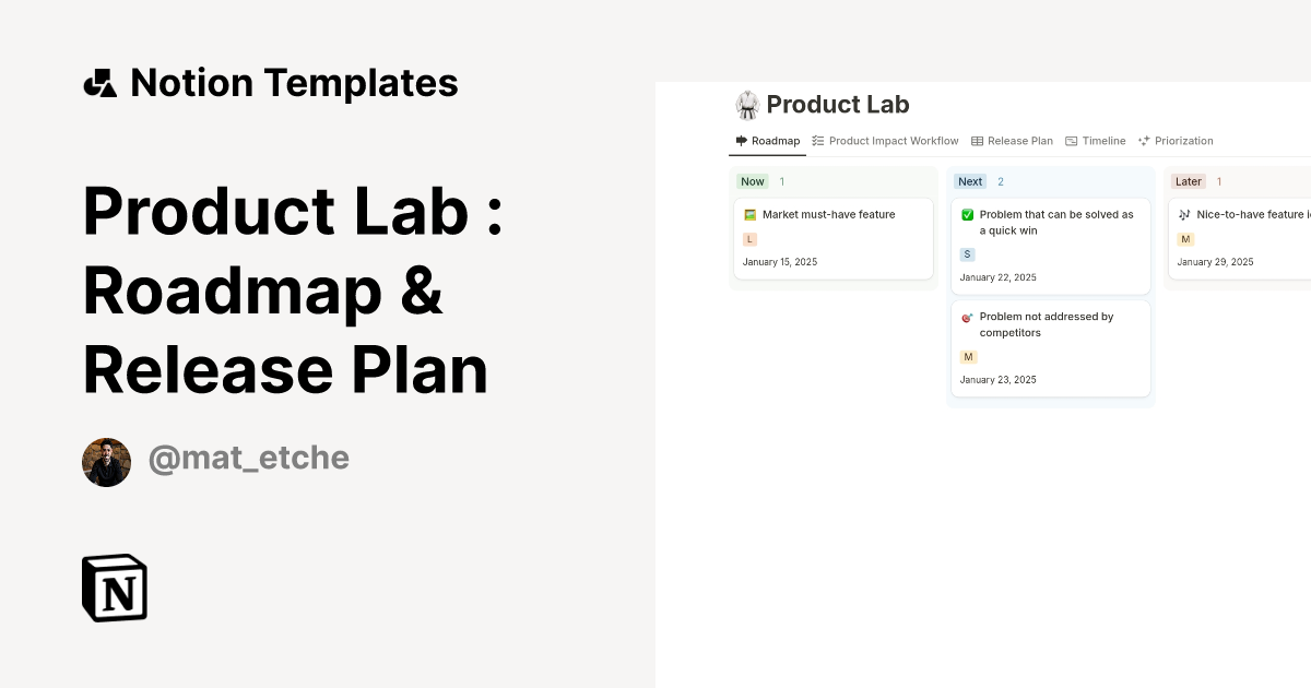 Product Lab : Roadmap & Release Plan Template by Mat Etche | Notion Marketplace