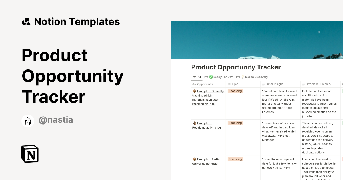 Product Opportunity Tracker Template by Nastia | Notion Marketplace