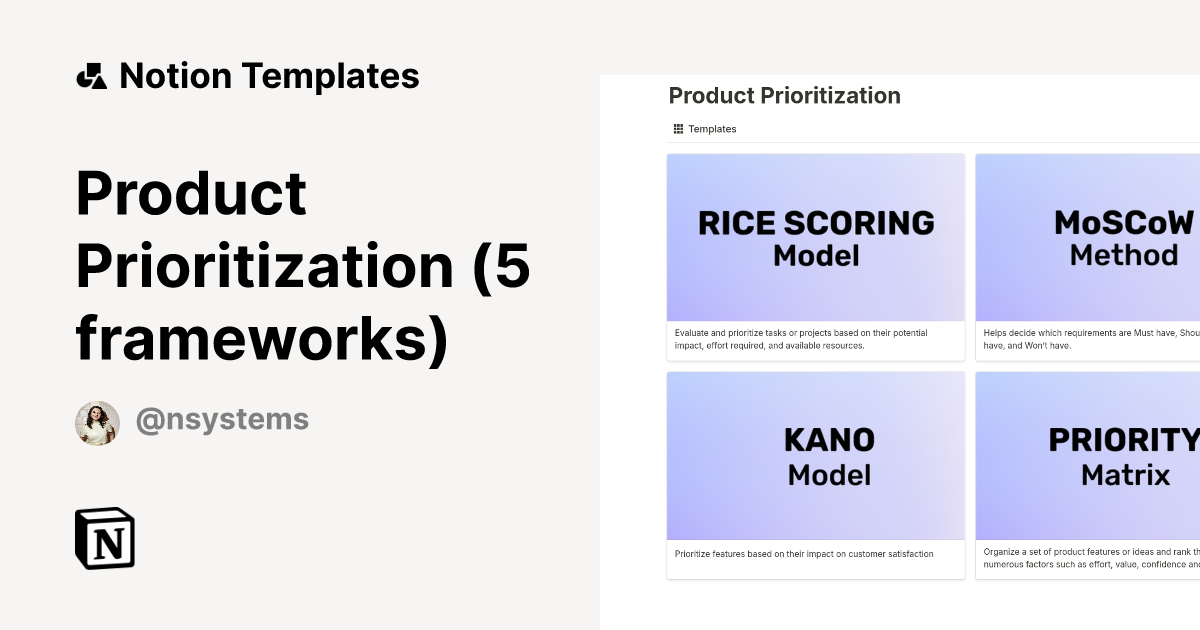 Product Prioritization (5 frameworks) Template by Nino Gorgiashvili | Notion Marketplace