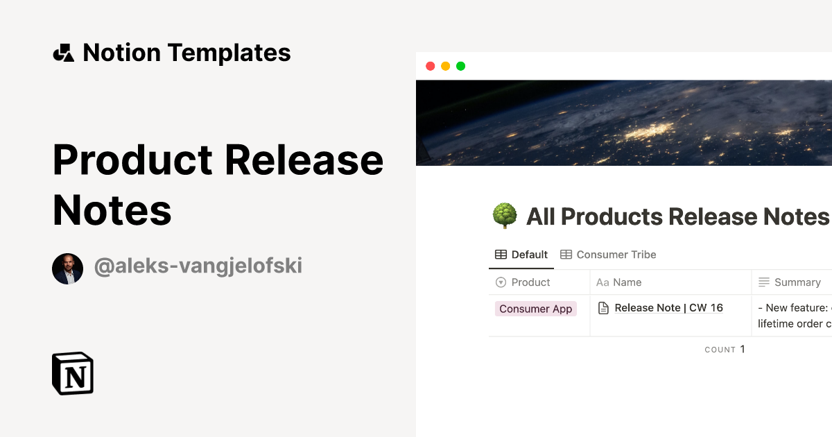 Product Release Notes Template by Aleks Vangjelofski | Notion Marketplace