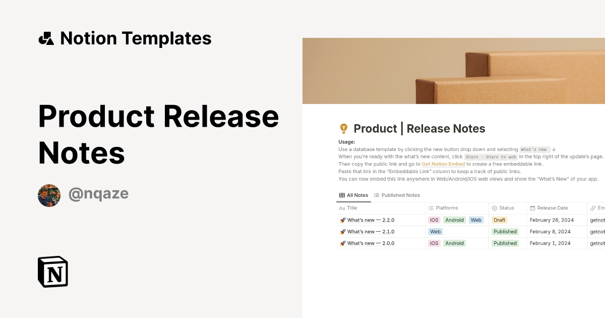 Product Release Notes Template | Notion Marketplace