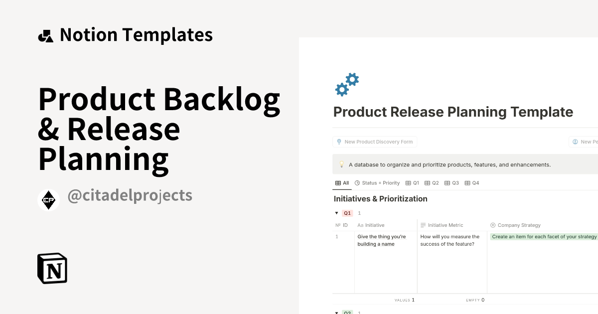 Product Backlog & Release Planning Template by Citadel Projects ...