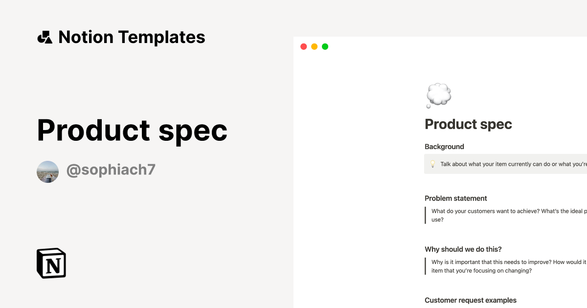 Product spec Template by Sophia | Notion Marketplace