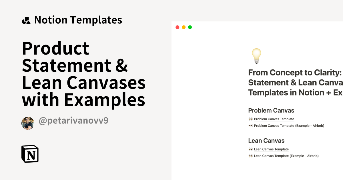 Product Statement & Lean Canvases with Examples Template | Notion ...