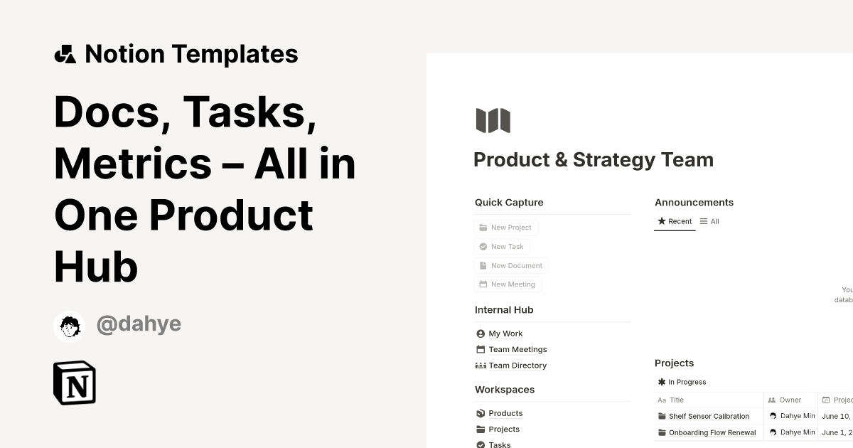 Docs, Tasks, Metrics – All in One Product Hub Template | Notion Marketplace