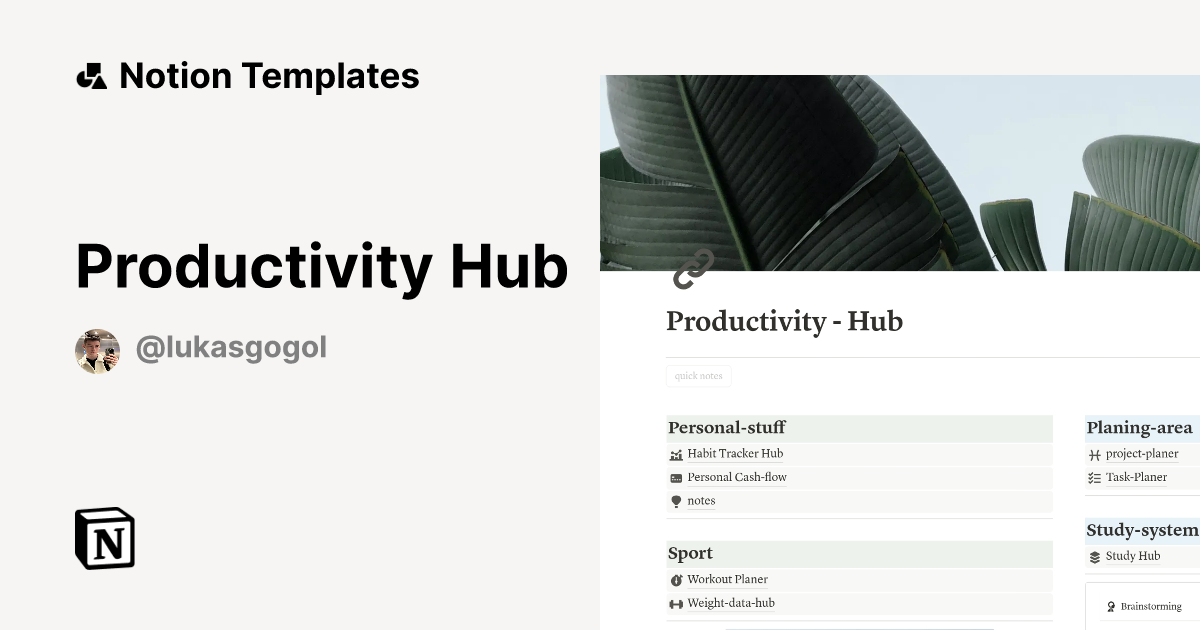 Productivity Hub Template by Lukas Gogol | Notion Marketplace