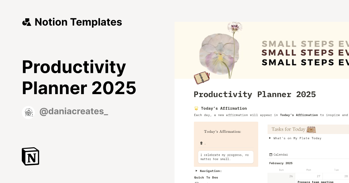 Productivity Planner 2025 Template by Dania Creates | Notion Marketplace