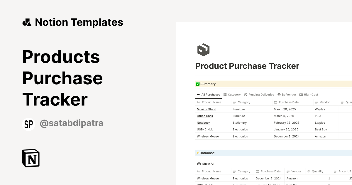Products Purchase Tracker Template by Satabdi Patra | Notion Marketplace
