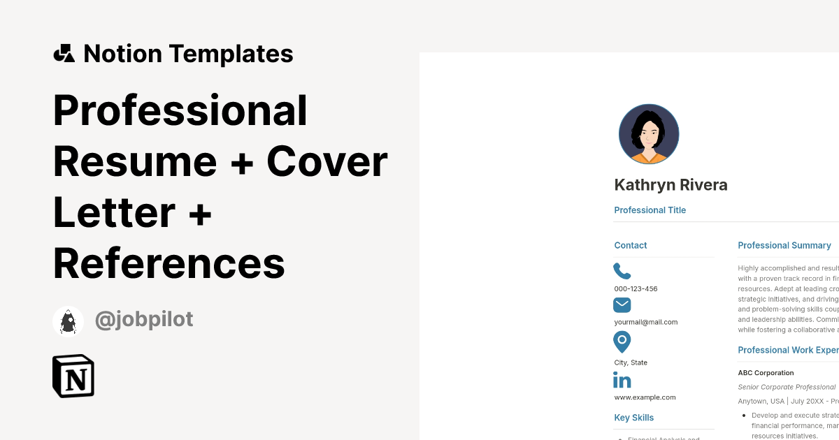 Professional Resume + Cover Letter + References Template by Job Pilot ...