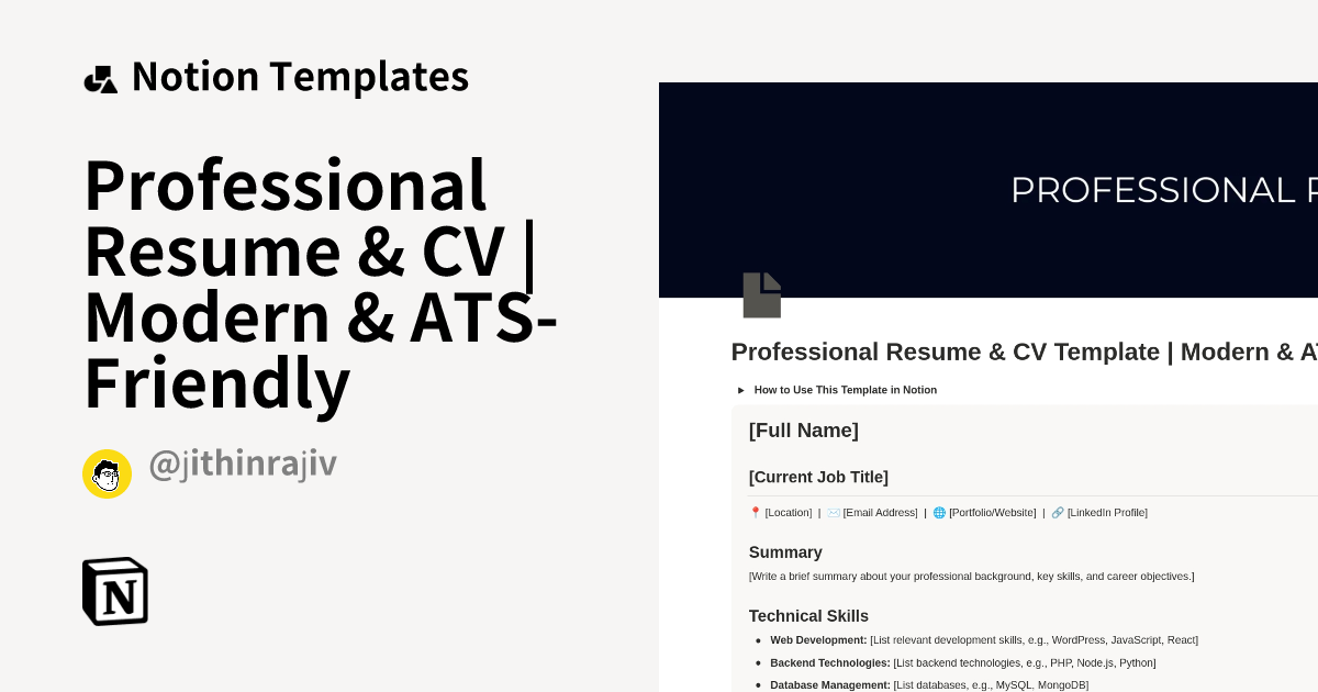 Professional Resume & CV | Modern & ATS-Friendly Template by Jithin Rajiv | Notion Marketplace