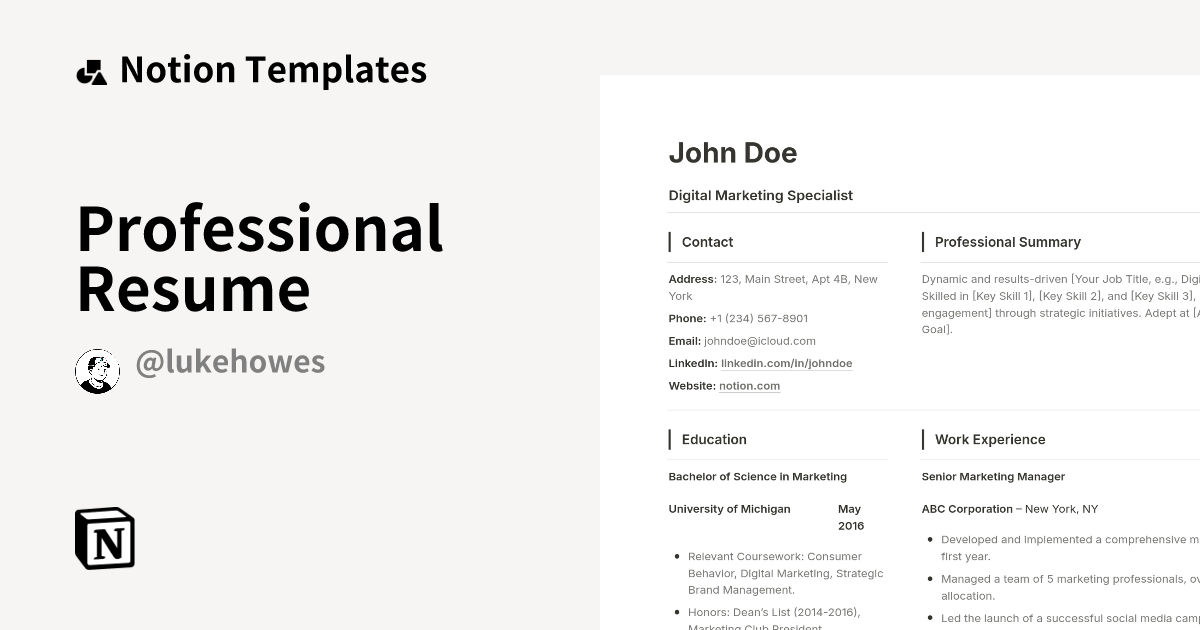 Professional Resume Template | Notion Marketplace
