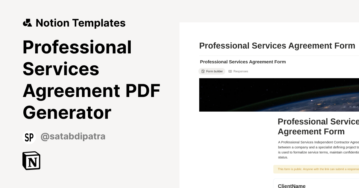 Professional Services Agreement PDF Generator Template by Satabdi Patra ...