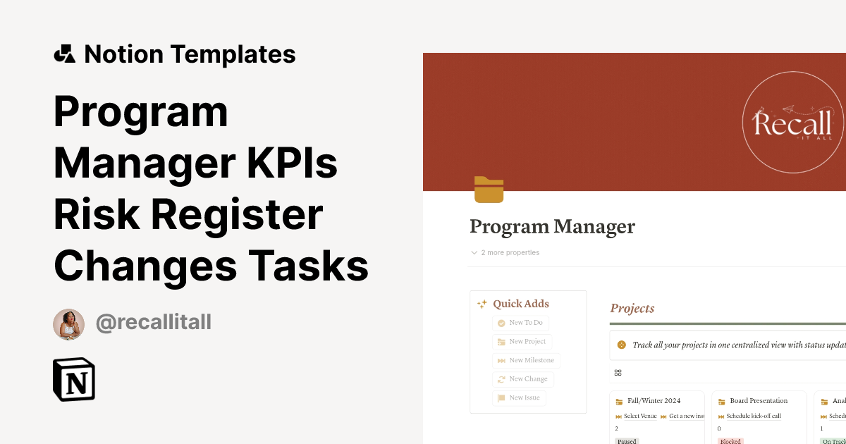 Program Manager KPIs Risk Register Changes Tasks Template | Notion ...