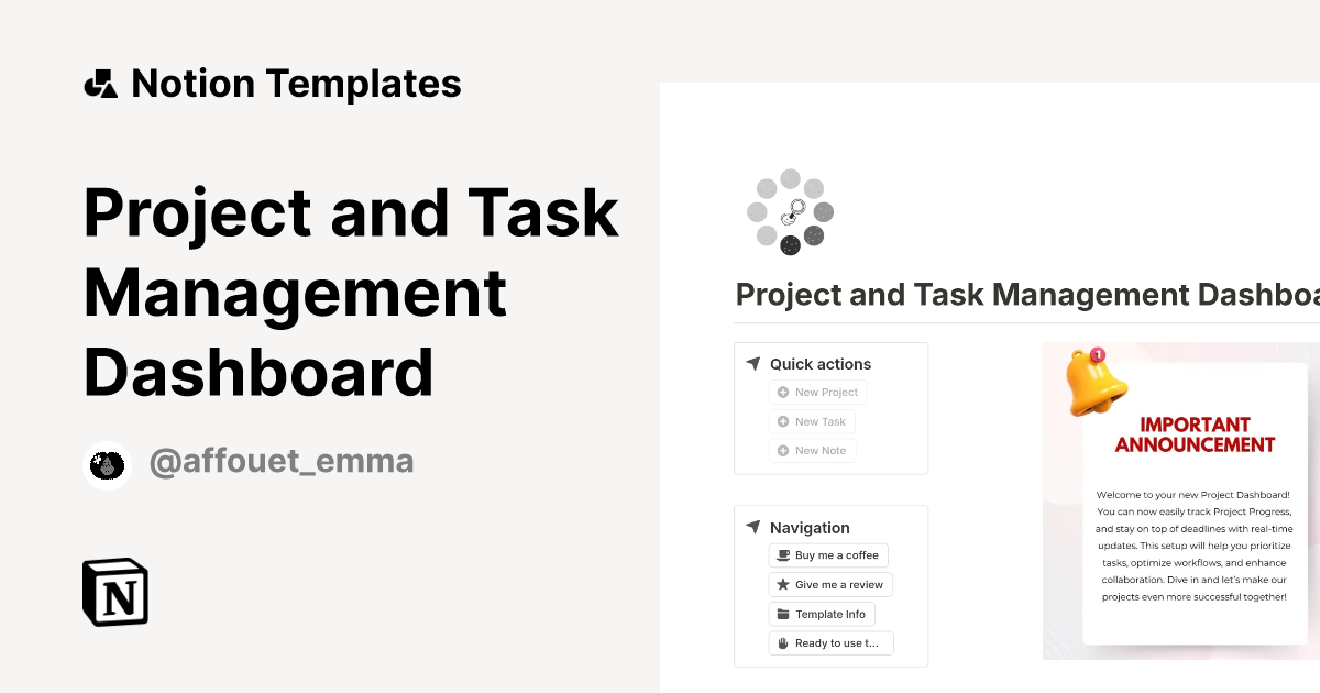 Project and Task Management Dashboard Template by Affouet_emma | Notion ...