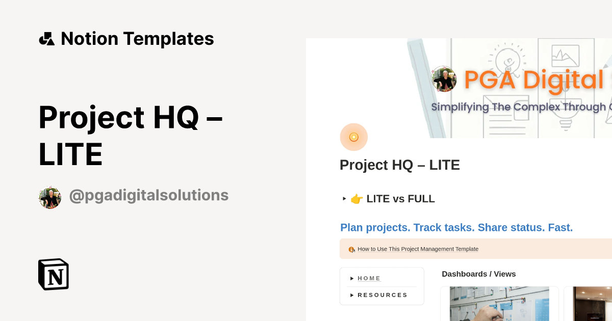 Project HQ – LITE Template by PGA Digital Solutions | Notion Marketplace