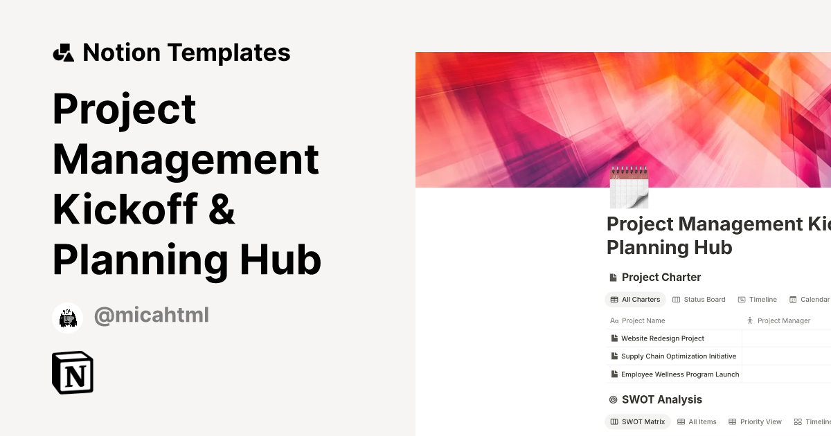 Project Management Kickoff & Planning Hub Template by micahtml | Notion ...