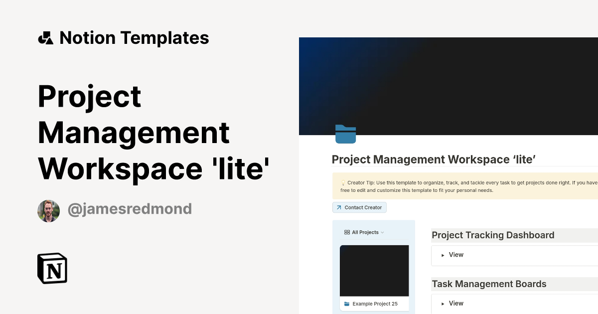 Project Management Workspace 'lite' Template | Notion Marketplace