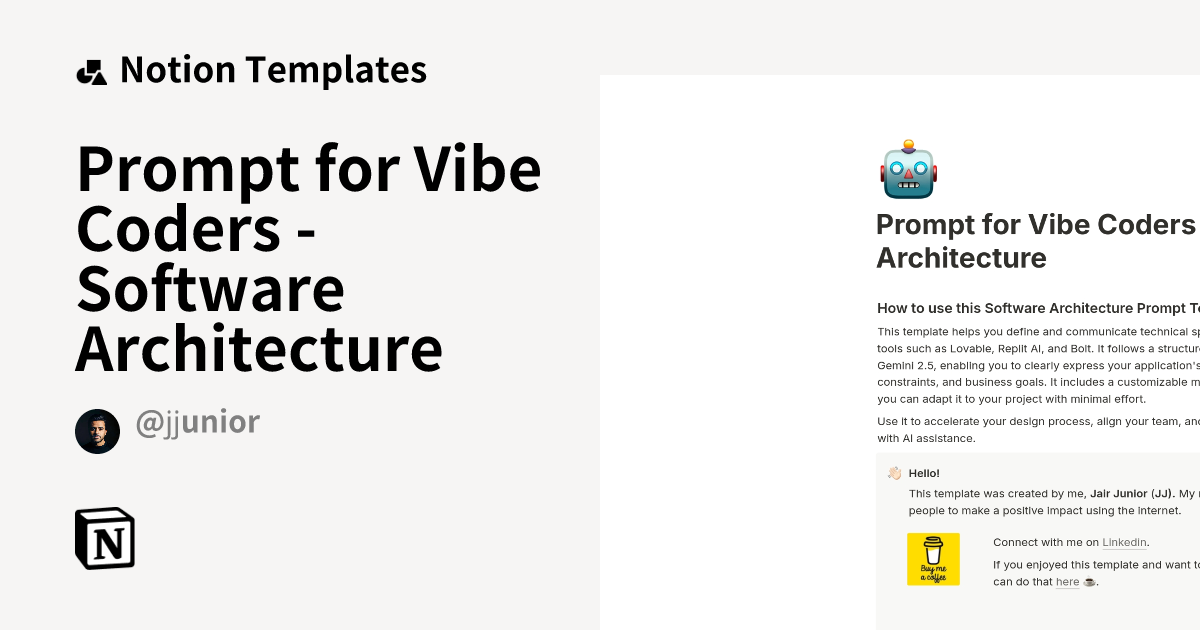 Prompt for Vibe Coders - Software Architecture Template by Jair Junior(JJ) | Notion Marketplace
