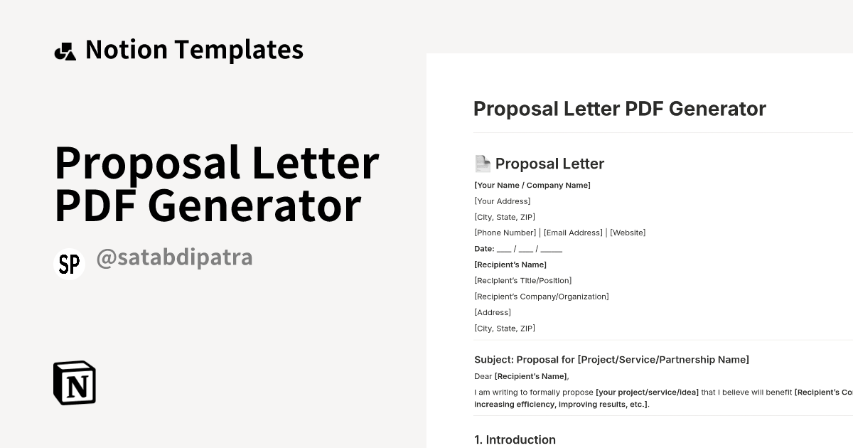 Proposal Letter PDF Generator Template | Notion Marketplace