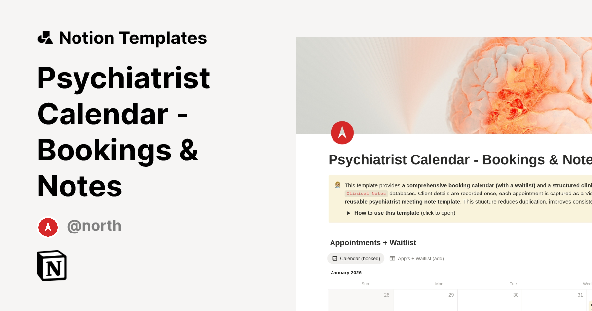 Psychiatrist Calendar - Bookings & Notes Template by North Templates ...