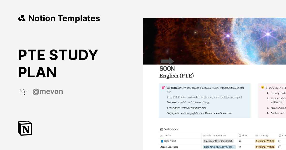 PTE STUDY PLAN Template by Mevon | Notion Marketplace