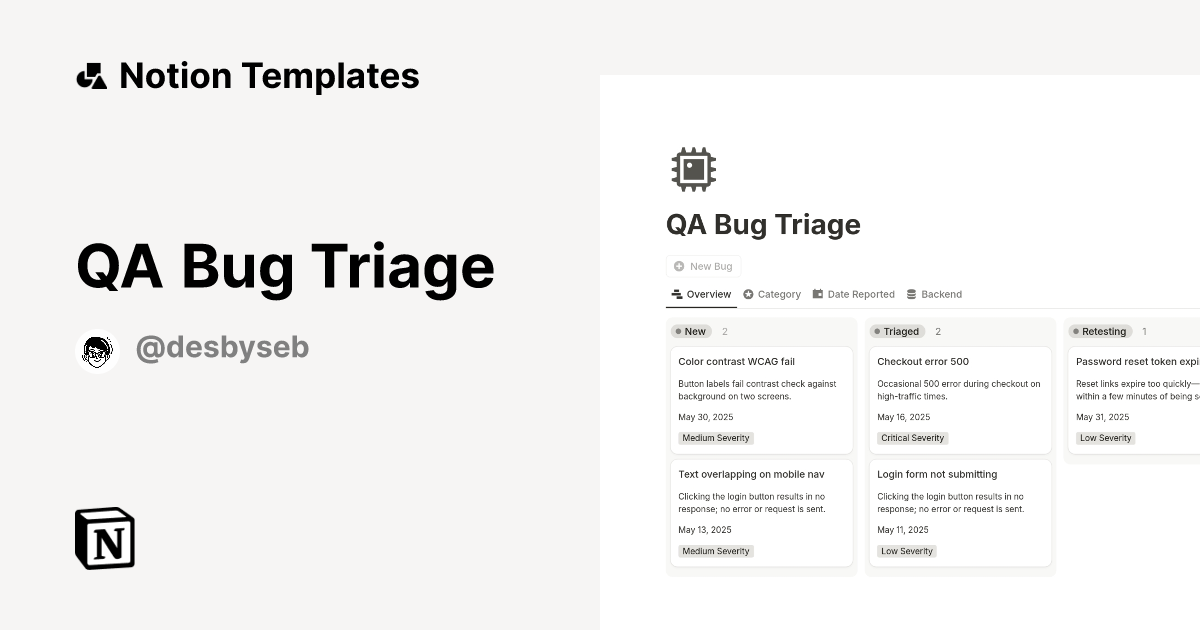 QA Bug Triage Template by desbyseb | Notion Marketplace