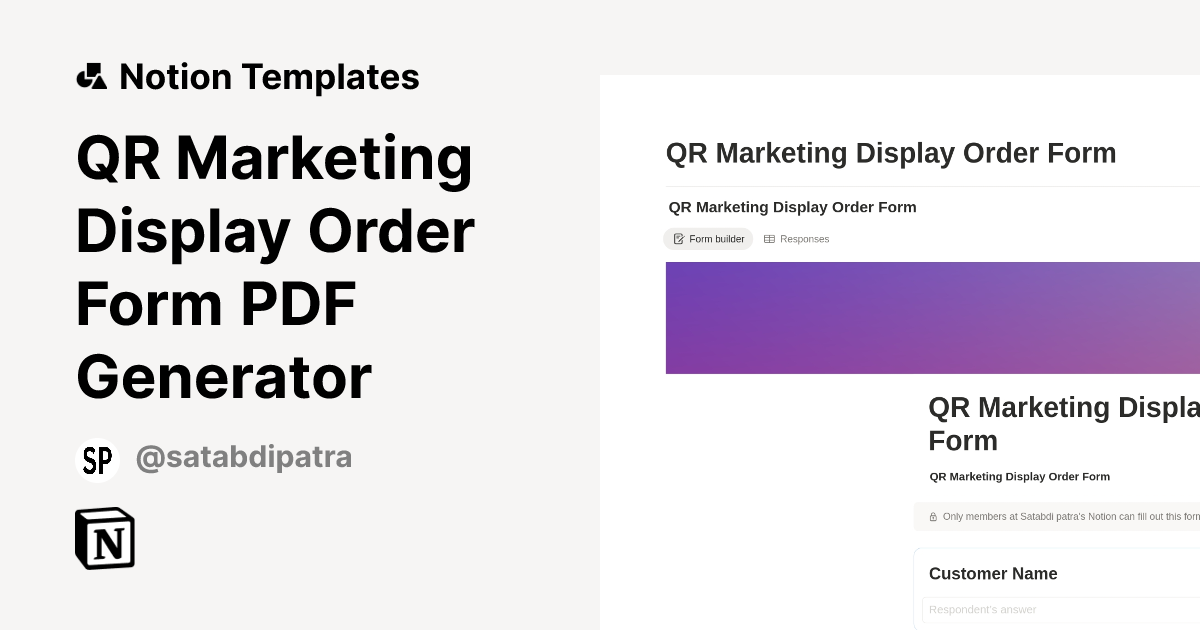 QR Marketing Display Order Form PDF Generator Template | Notion Marketplace