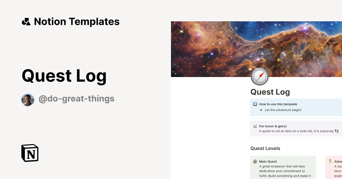 Quest Log Template by Do Great Things | Notion Marketplace