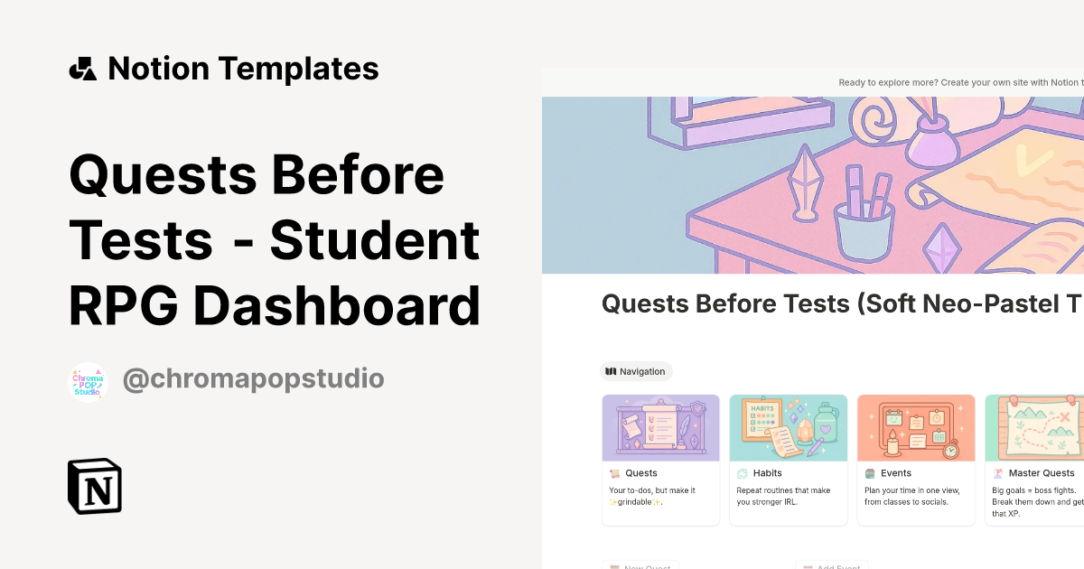 Quests Before Tests - Student RPG Dashboard Template by Chroma Pop ...