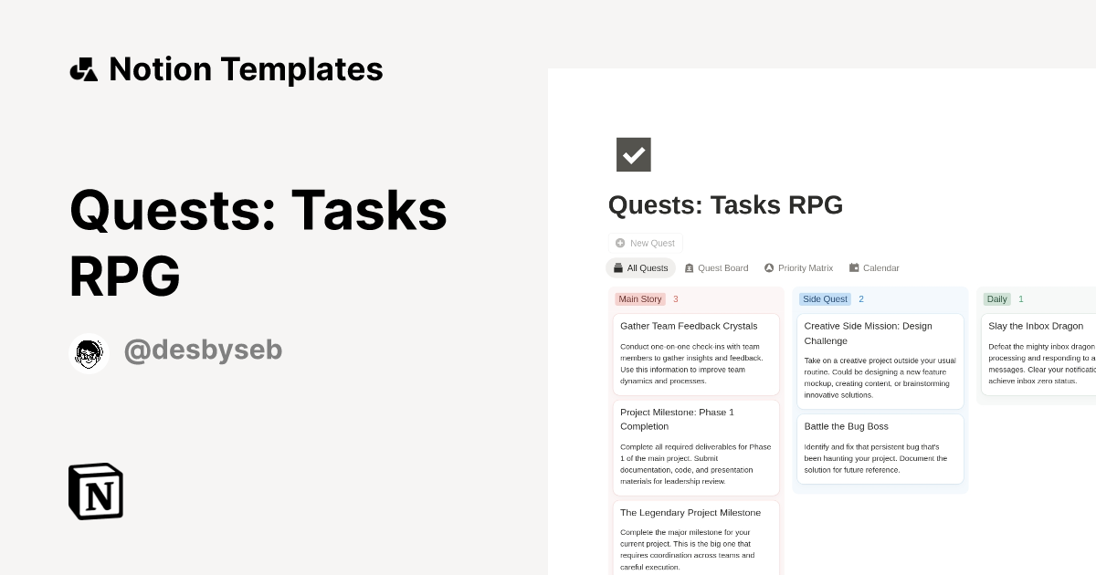 Quests: Tasks RPG Template by desbyseb | Notion Marketplace