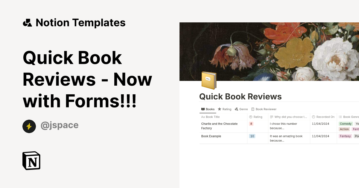 Quick Book Reviews - Now with Forms!!! Template by JSpace | Notion ...