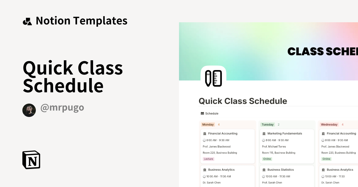 Quick Class Schedule Template by mrpugo | Notion Marketplace
