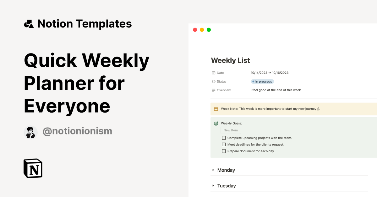 Quick Weekly Planner for Everyone Template by Notionionism | Notion ...