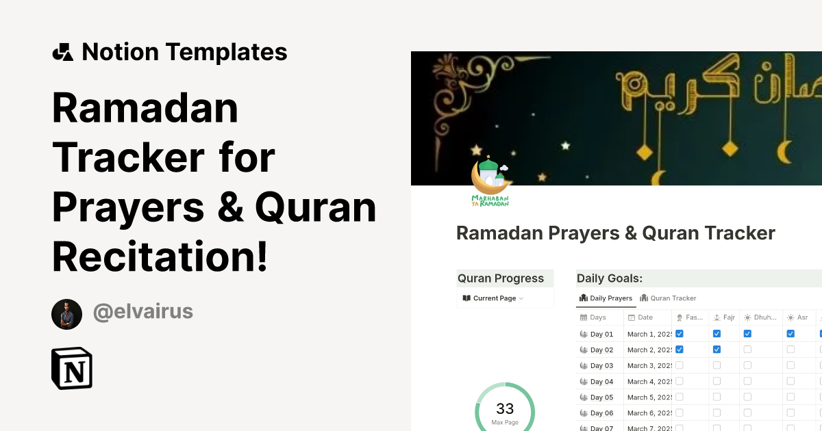 Ramadan Tracker for Prayers & Quran Recitation! Template by El Vairus ...