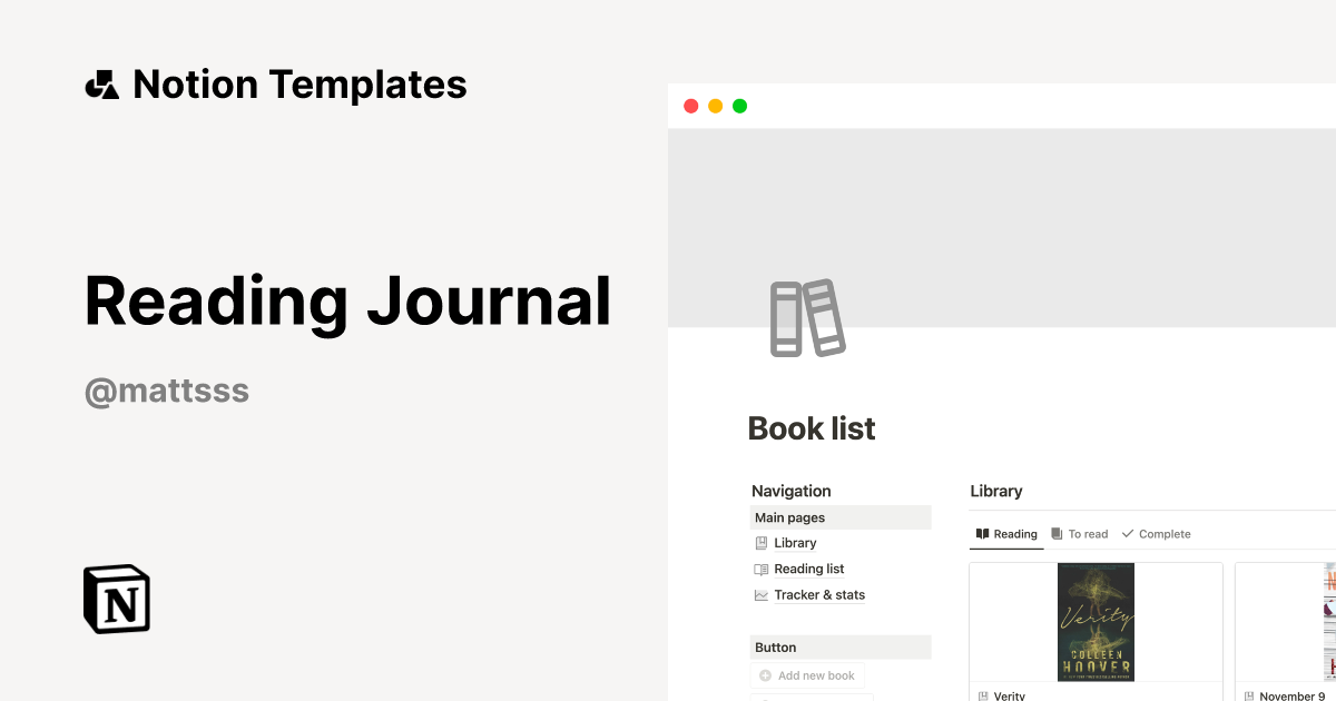 Reading Journal Template by Mattsss | Notion Marketplace