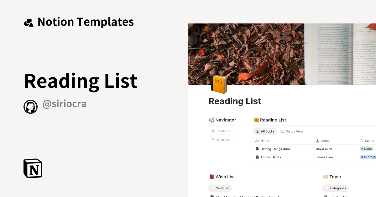 Reading List Template by Siri Ocra | Notion Marketplace