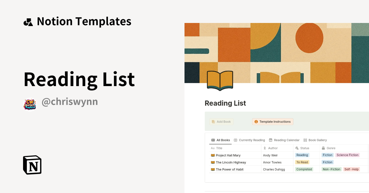 Reading List Template by Chris Wynn | Notion Marketplace