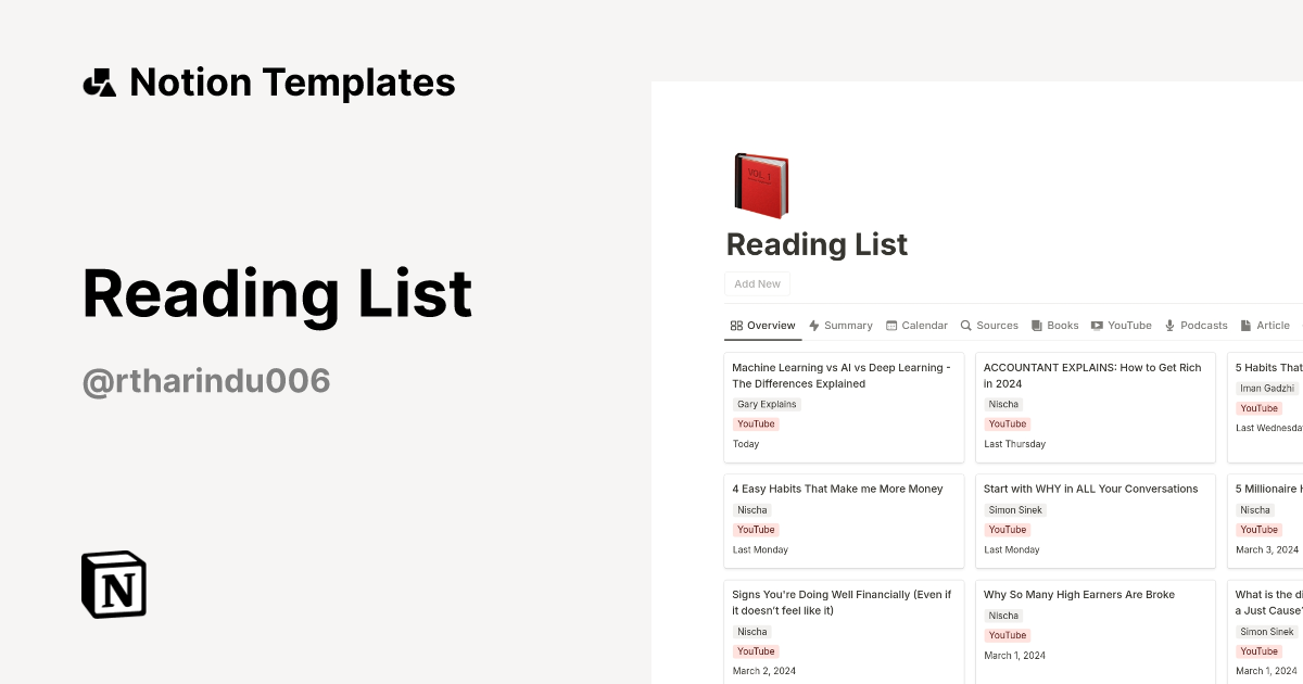 Reading List Template by Udara | Notion Marketplace