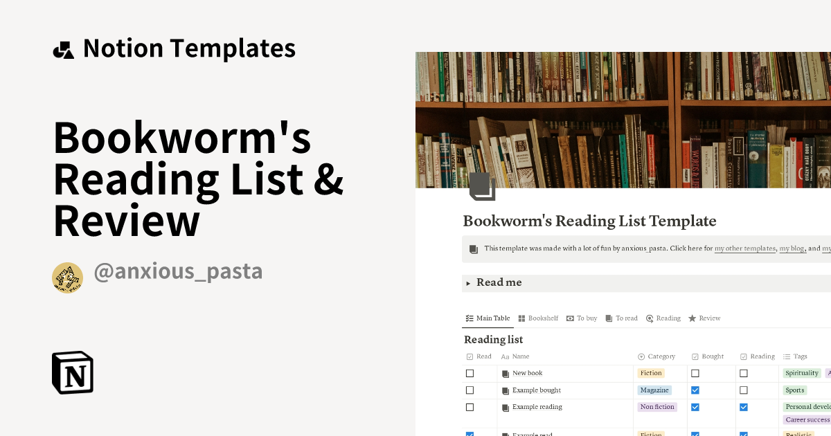 Bookworm's Reading List & Review Template by anxious_pasta | Notion ...