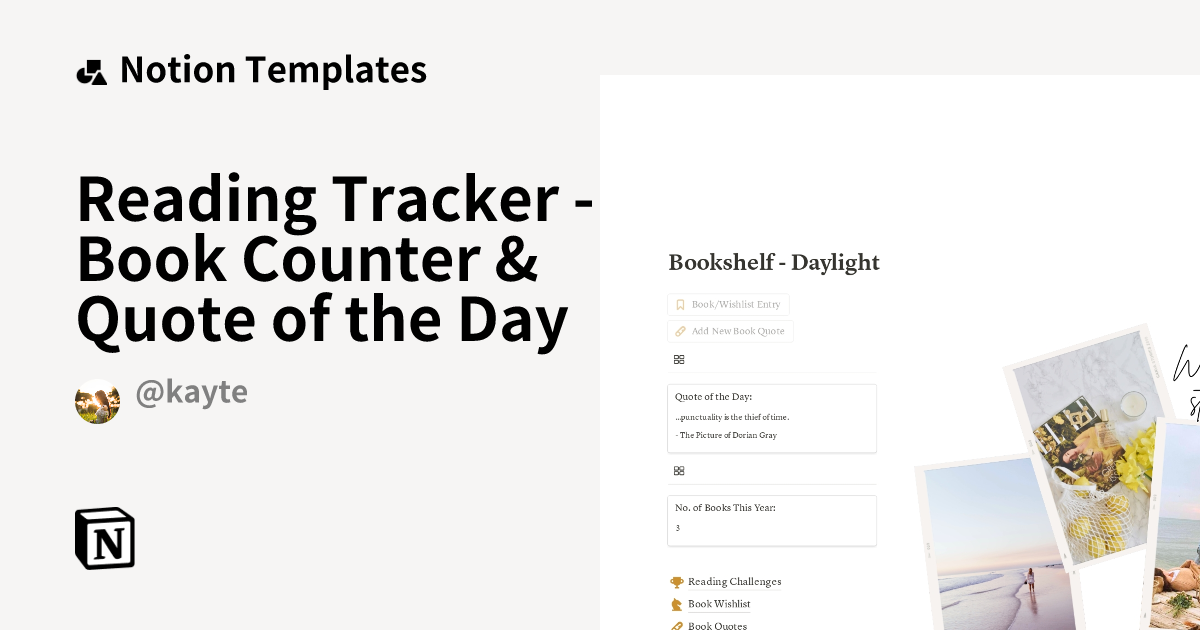 Reading Tracker - Book Counter & Quote of the Day Template by Kayte | Notion Marketplace
