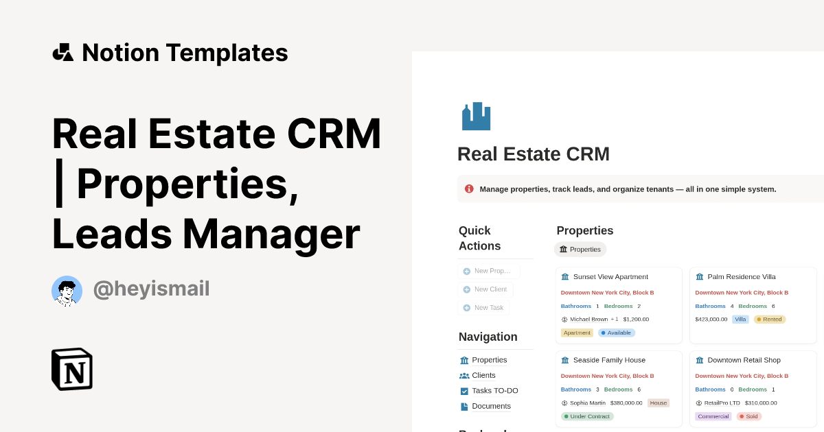 Real Estate CRM | Properties, Leads Manager Template | Notion Marketplace