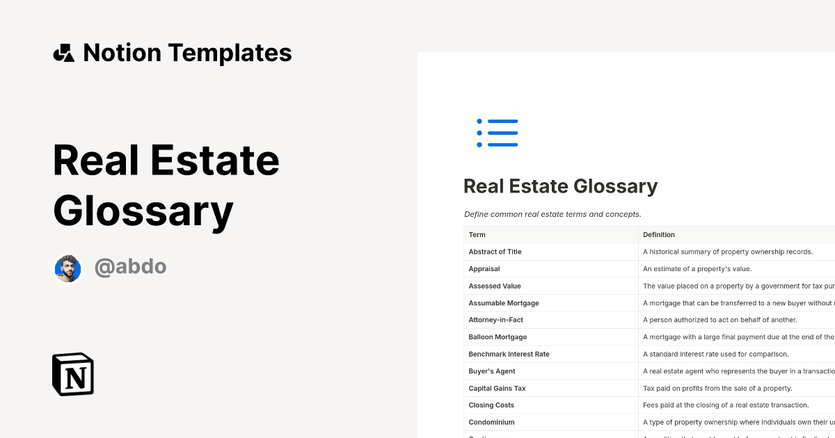 Real Estate Glossary Template by Abdo Karmalla | Notion Marketplace