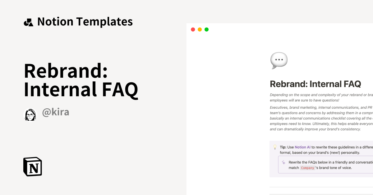 Rebrand: Internal FAQ Template by Kira Klaas | Notion Marketplace