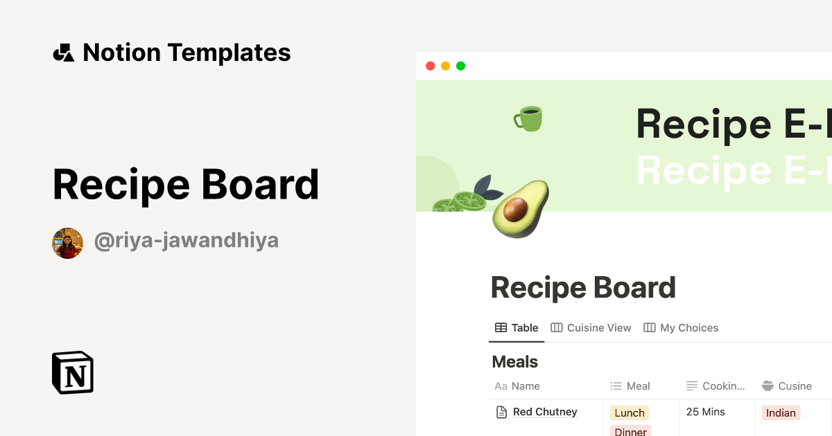 Recipe Board Template by Riya Jawandhiya | Notion Marketplace