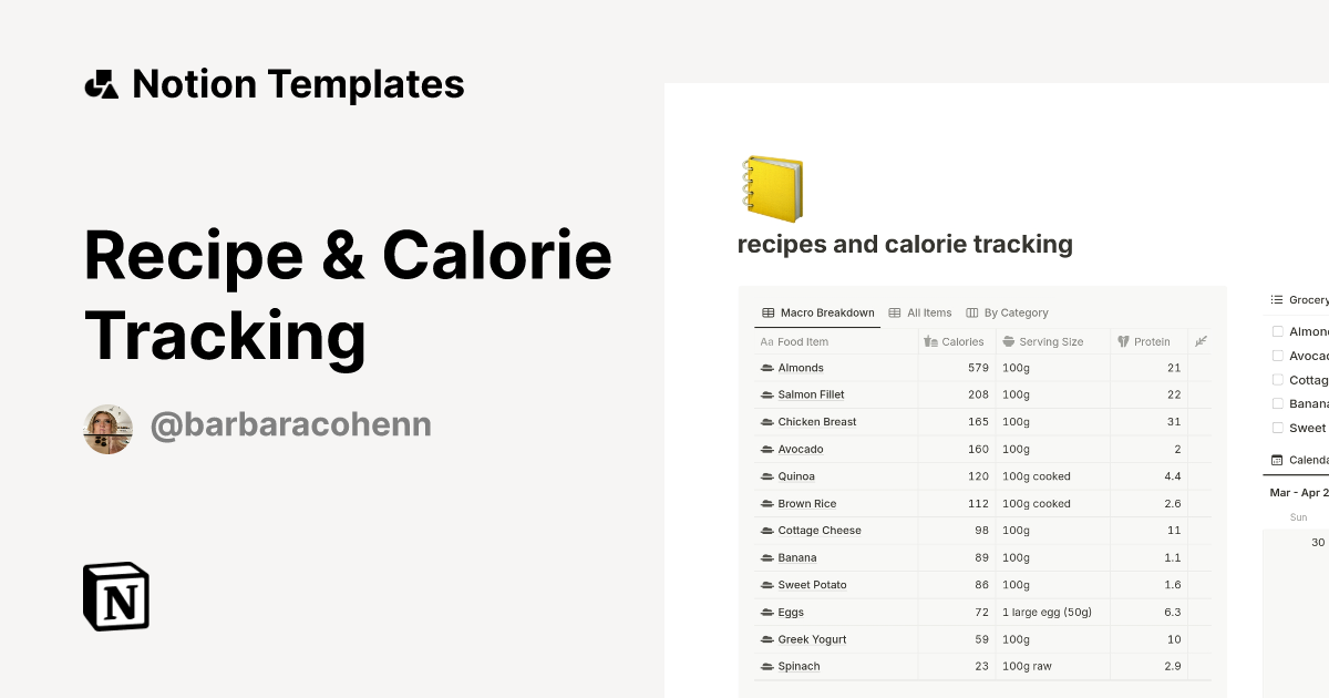 Recipe & Calorie Tracking Template by Bárbara cohen | Notion Marketplace
