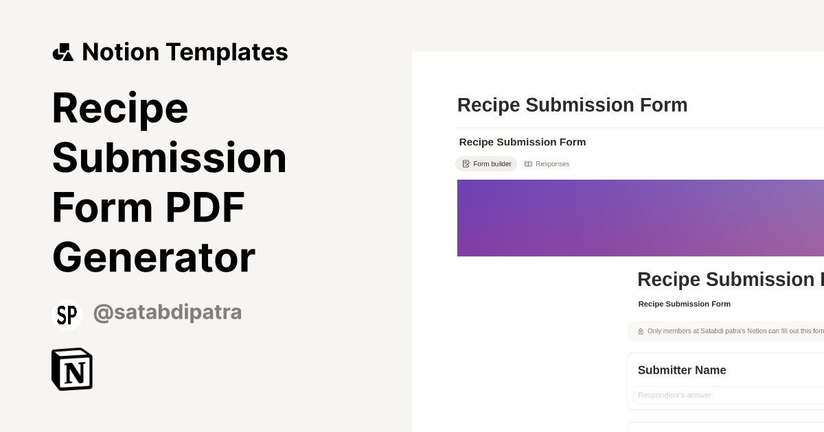 Recipe Submission Form PDF Generator Template by Satabdi Patra | Notion ...