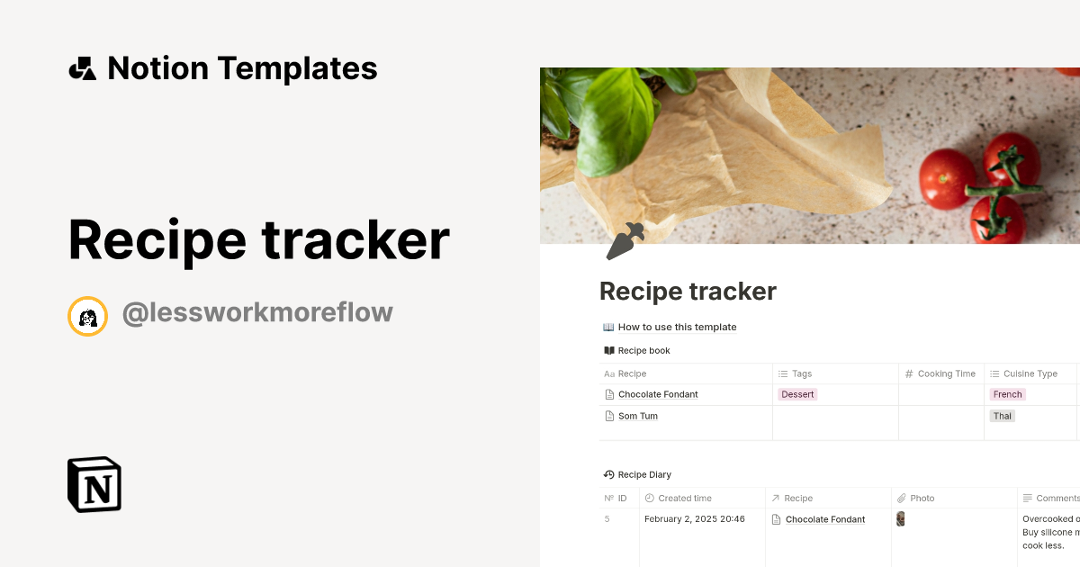 Recipe tracker Template by Alba - less Work more Flow | Notion Marketplace