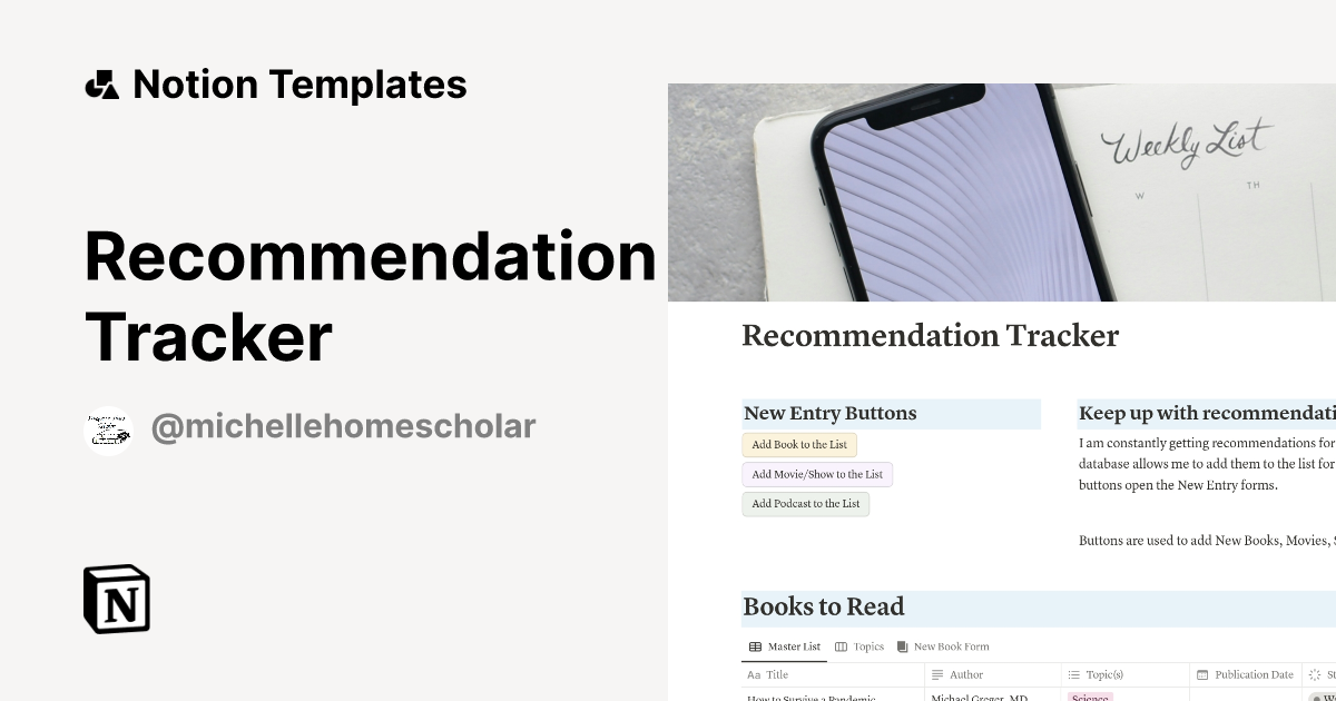 Recommendation Tracker Template by Michelle Home Scholar | Notion ...