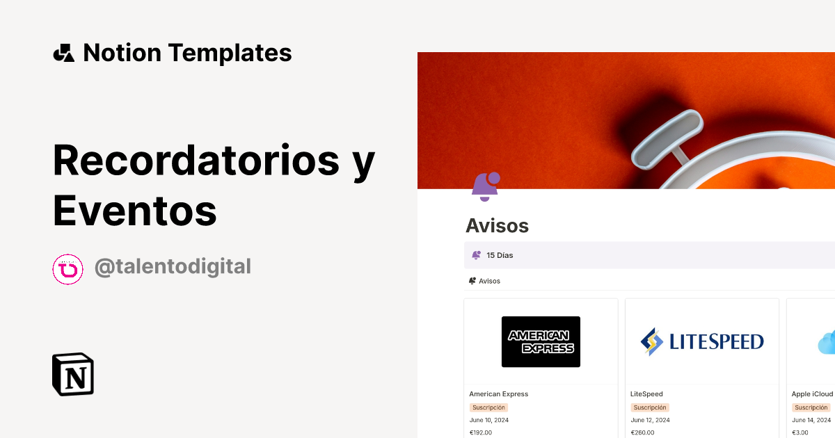 Recordatorios y Eventos Template by Talento Digital | Notion Marketplace