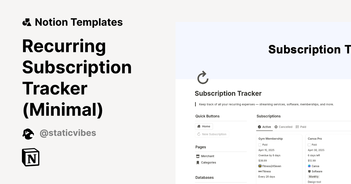 Recurring Subscription Tracker (Minimal) Template | Notion Marketplace